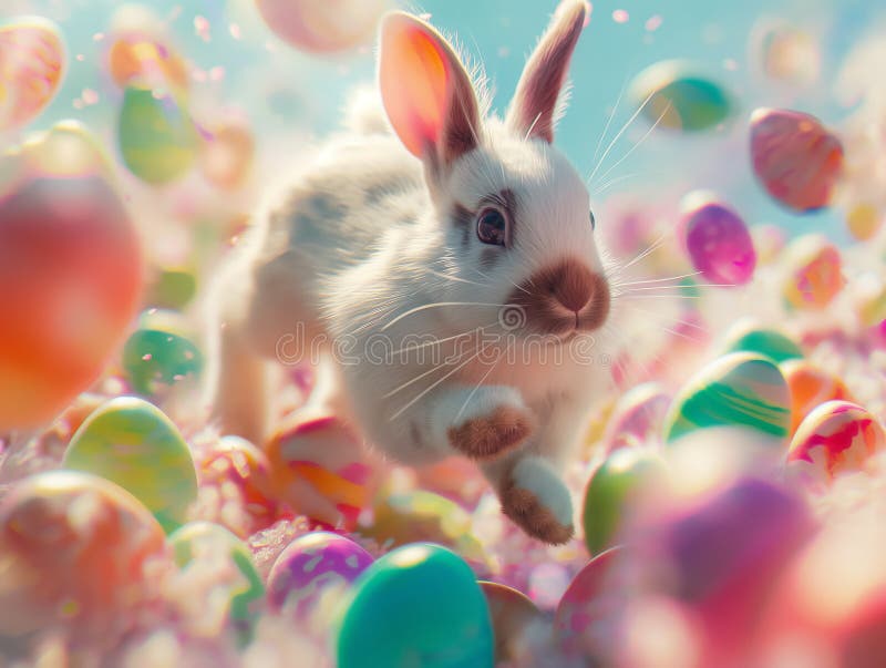 Cute Bunny Jumping Around Easter Eggs. Concept of Happy Easter Day ...