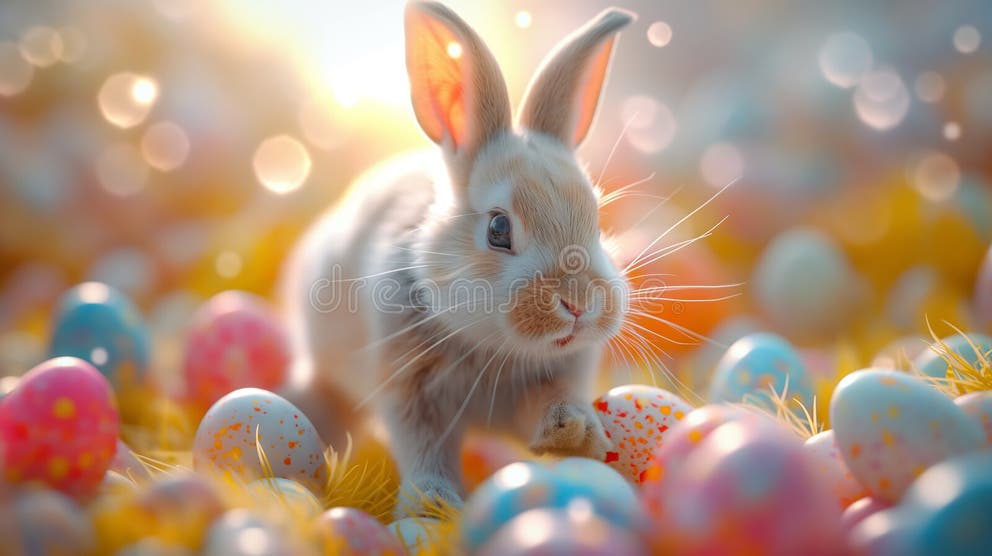 Cute Bunny Jumping Around Easter Eggs. Concept of Happy Easter Day ...