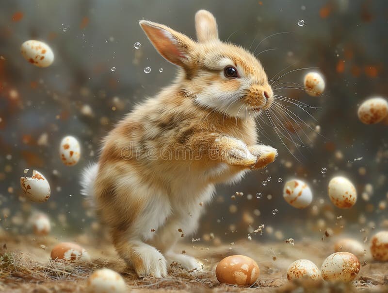 Cute Bunny Jumping Around Easter Eggs. Concept of Happy Easter Day ...