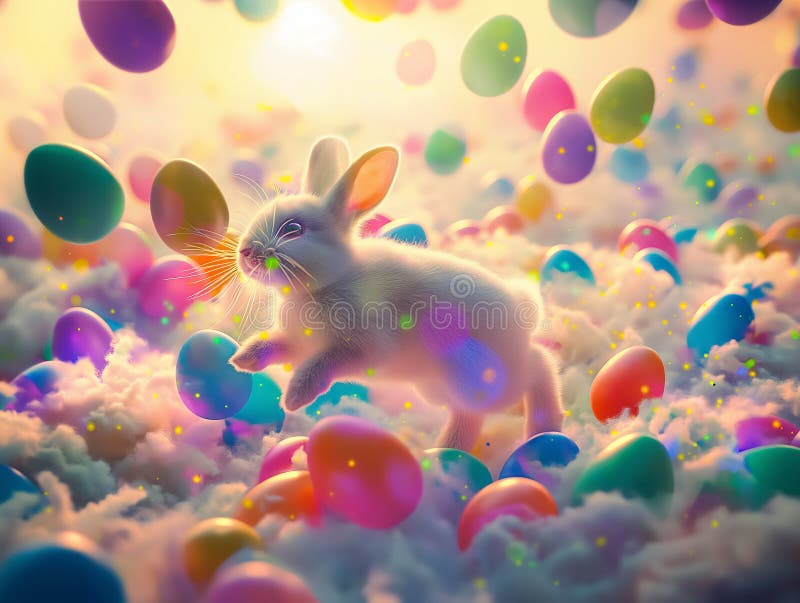 Cute Bunny Jumping Around Easter Eggs. Concept of Happy Easter Day ...