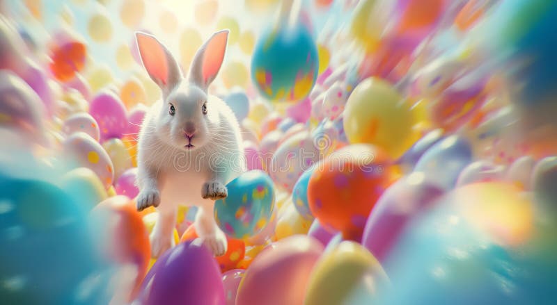 Cute Bunny Jumping Around Easter Eggs. Concept of Happy Easter Day ...