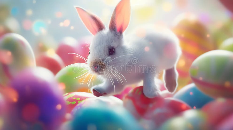 Cute Bunny Jumping Around Easter Eggs. Concept of Happy Easter Day ...