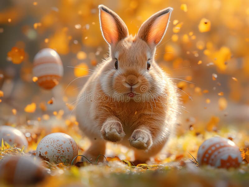 Cute Bunny Jumping Around Easter Eggs. Concept of Happy Easter Day ...