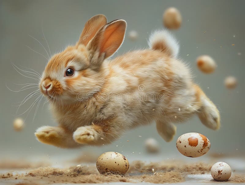 Cute Bunny Jumping Around Easter Eggs. Concept of Happy Easter Day ...