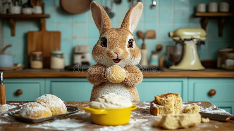 Cute Bunny in a Kitchen, Holding Dough, Surrounded by Baking ...