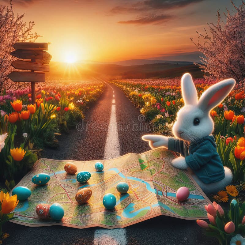 Cute Bunny Looking at a Map on the Road in Sunset Light Stock Image ...