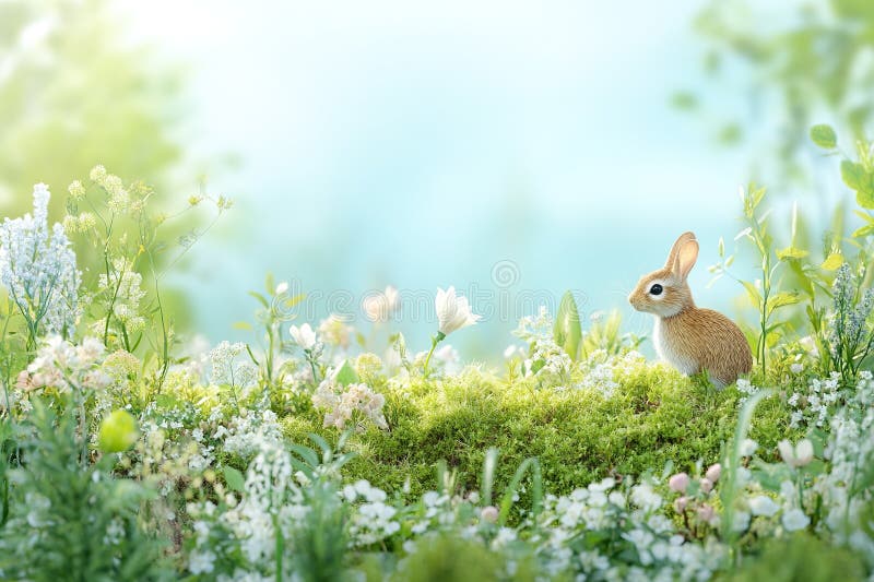 Cute Bunny in Lush Spring Meadow Surrounded by Blossoming Wildflowers ...