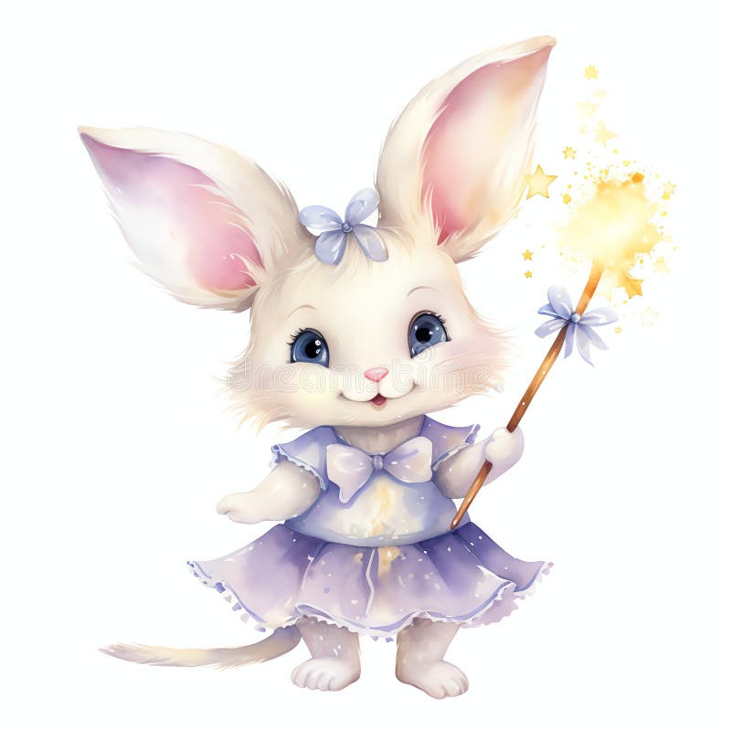 Cute Bunny with Magic Wand Watercolor Illustration Stock Illustration ...