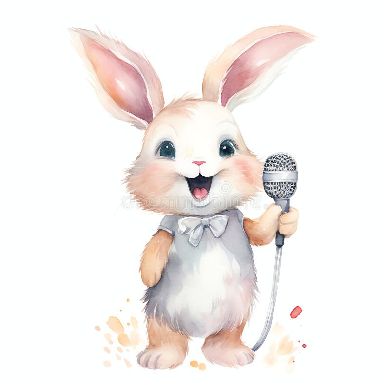 Cute Bunny with Microphone Watercolor Illustration Stock Illustration ...