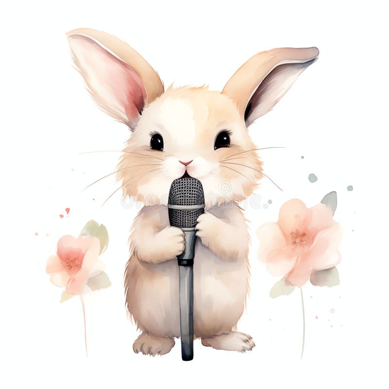 Cute Bunny with Microphone Watercolor Illustration Stock Illustration ...