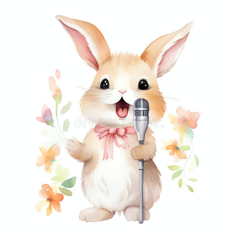 Cute Bunny with Microphone Watercolor Illustration Stock Illustration ...
