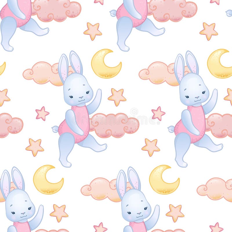 Cute Bunny and Moon and Clouds, Pattern in Boho Cartoon Style, Seamless ...