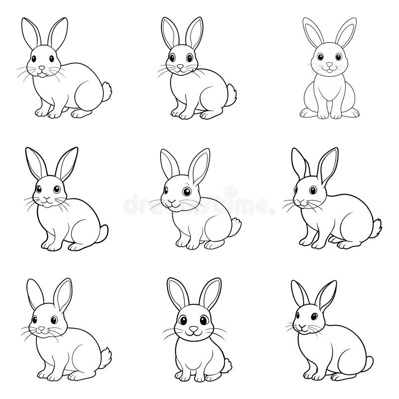 Cute Bunny Outline Set Vector Illustrations for Your Designs Stock ...