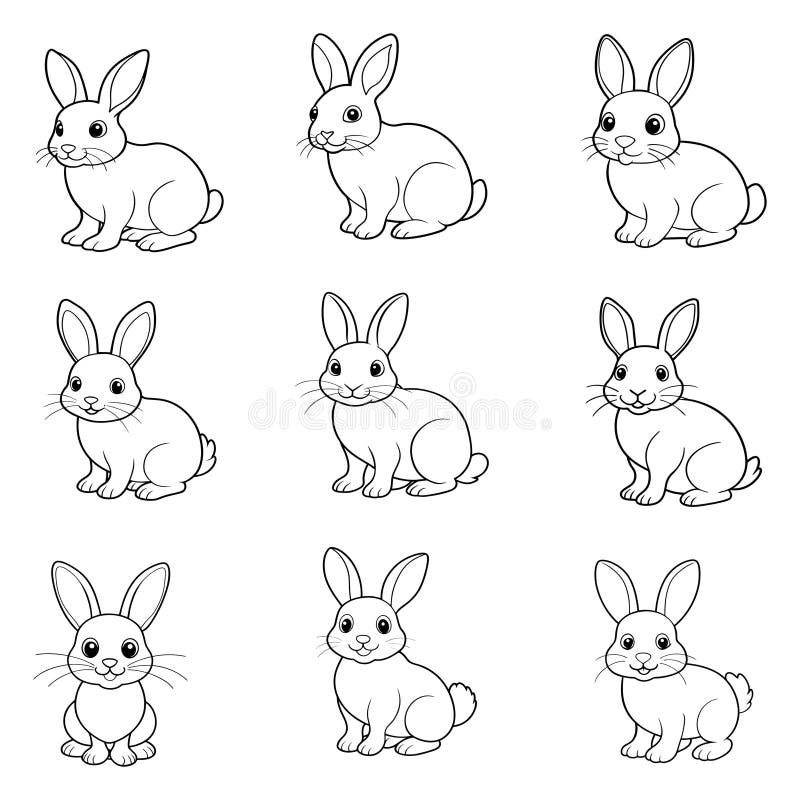 Cute Bunny Outline Set Vector Illustrations for Your Designs Stock ...