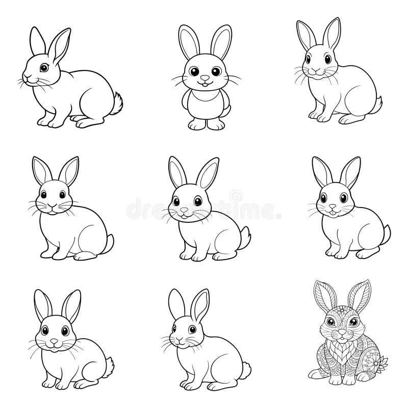 Cute Bunny Outline Set Vector Illustrations for Your Designs Stock ...