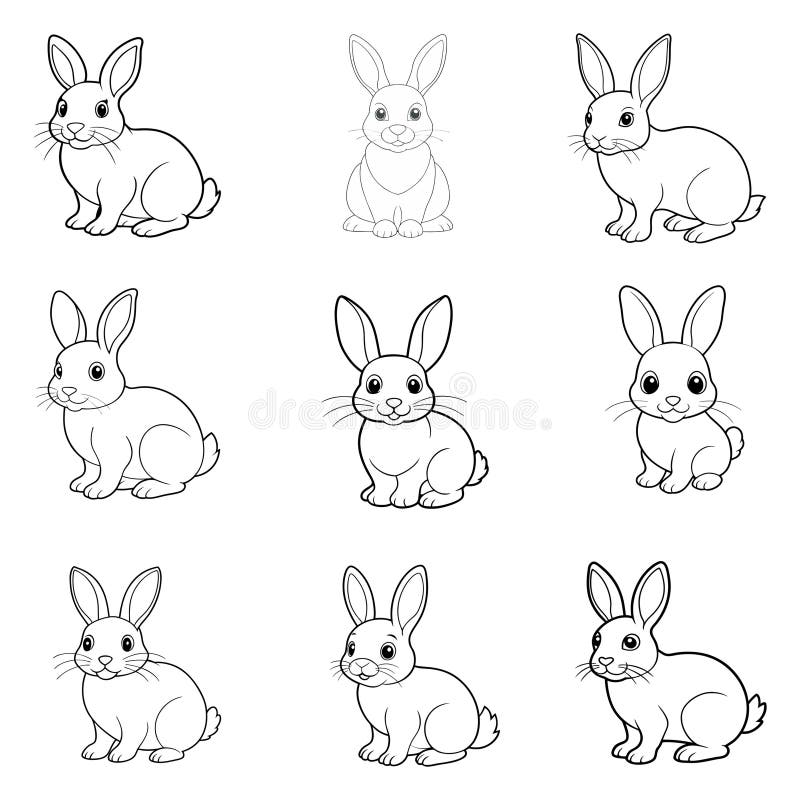 Cute Bunny Outline Set Vector Illustrations for Your Designs Stock ...