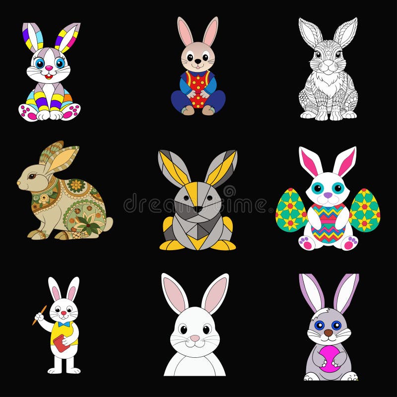 Cute Bunny Outline Set Vector Illustrations for Your Designs Stock ...