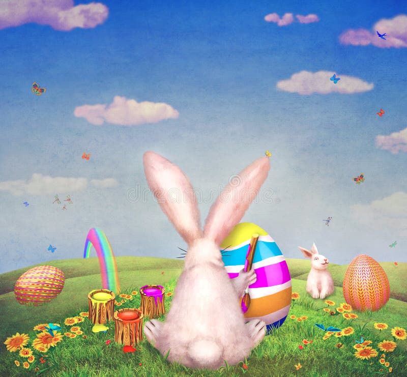 A Cute Bunny Painting of Egg for Easter on a Hill Surrounded by Easter ...