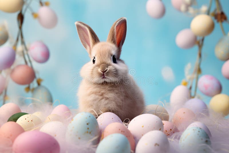 Cute Bunny with Pastel Colored Painted Easter Eggs in Front of Blue ...