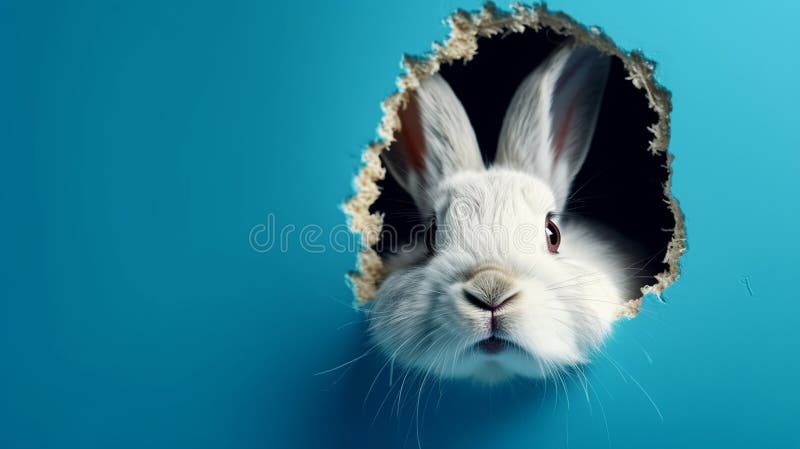 Cute Bunny Peaking Out of a Blue Hole Generative AI Stock Illustration ...