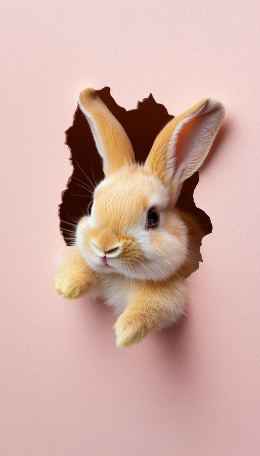 Cute Bunny Peeking, Fluffy Easter Rabbit Emerging through Hole in ...
