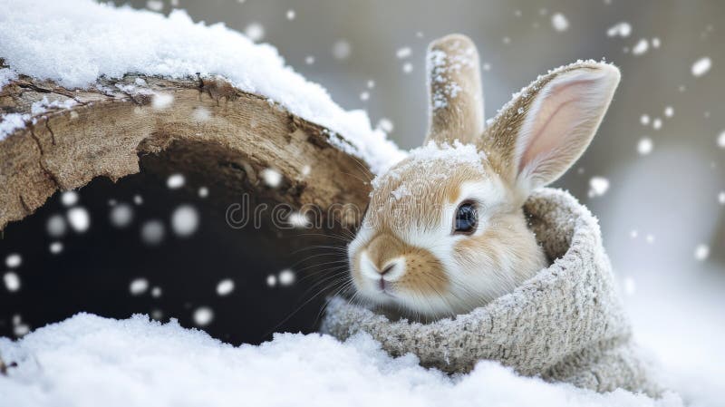 A Cute Bunny Peeking Out from a Snowy Log Stock Illustration ...