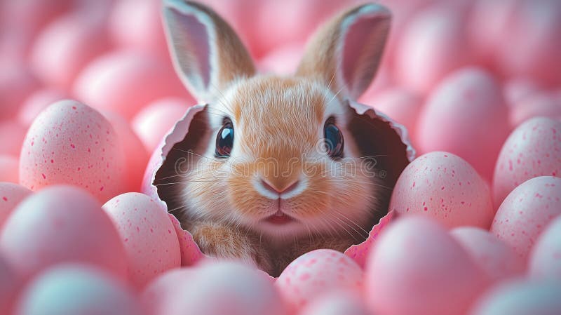 Cute Bunny Peeking from Pastel Colored Eggs in Spring Setting Stock ...