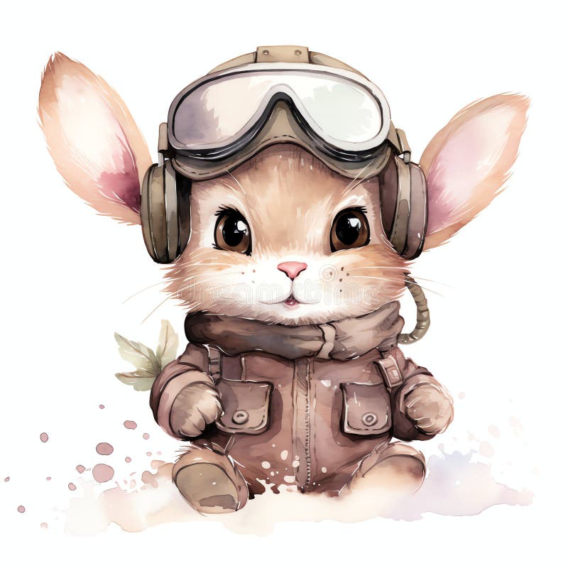 Cute Bunny with Pilot Cap Watercolor Illustration Stock Illustration ...