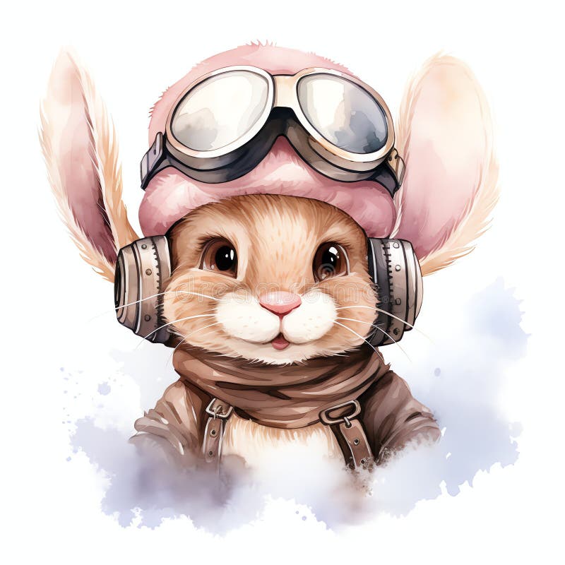 Cute Bunny with Pilot Cap Watercolor Illustration Stock Illustration ...