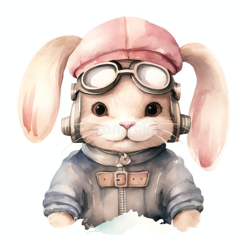 Cute Bunny with Pilot Cap Watercolor Illustration Stock Illustration ...