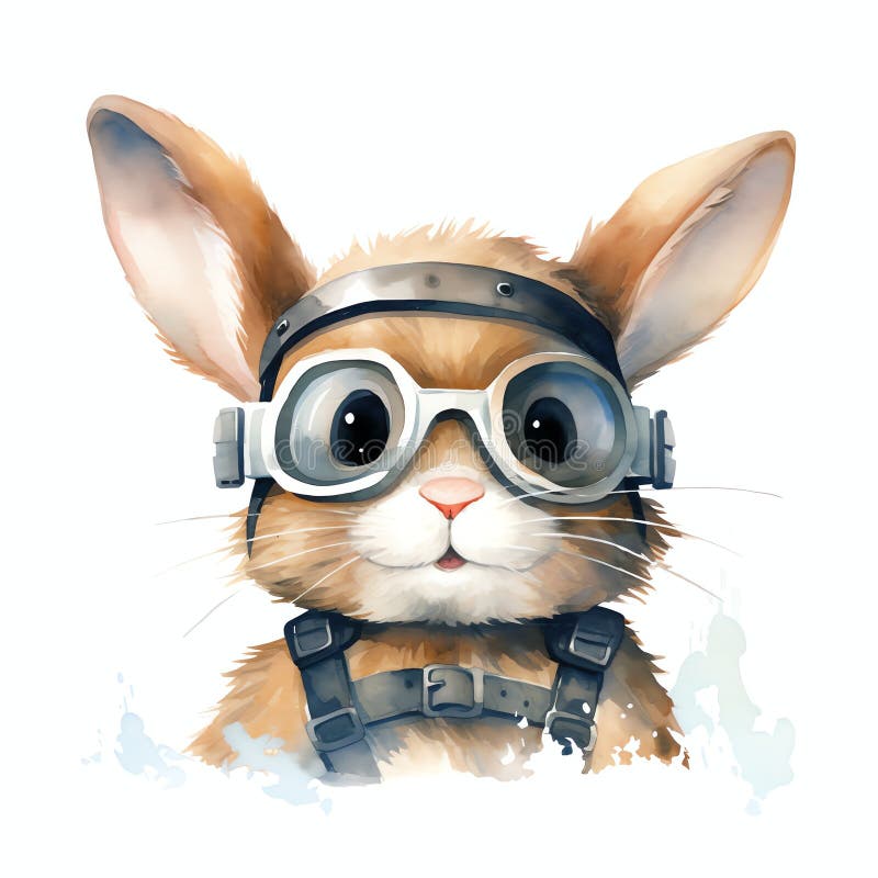 Cute Bunny with Pilot Goggles Watercolor Illustration Stock ...