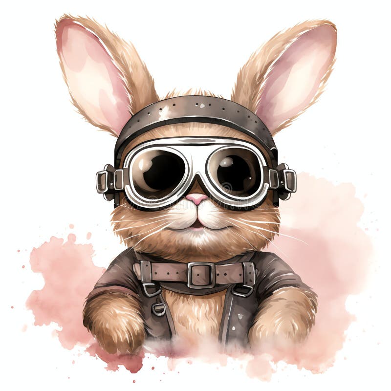 Cute Bunny with Pilot Goggles Watercolor Illustration Stock ...