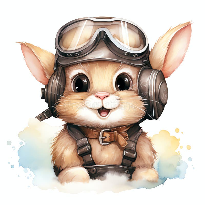 Cute Bunny with Pilot Goggles Watercolor Illustration Stock ...