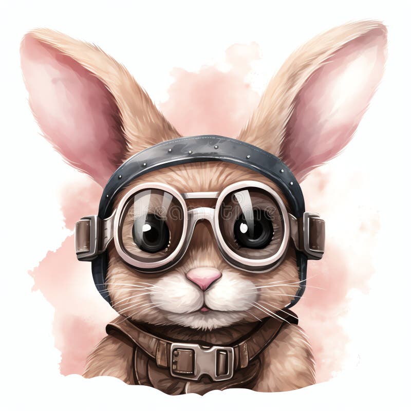 Cute Bunny with Pilot Goggles Watercolor Illustration Stock ...