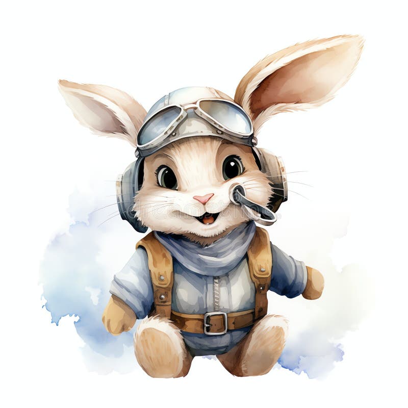 Cute Bunny with Pilot Hat Watercolor Illustration Stock Illustration ...