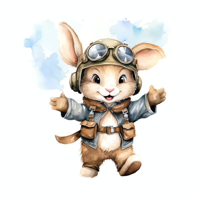 Cute Bunny with Pilot Hat Watercolor Illustration Stock Illustration ...
