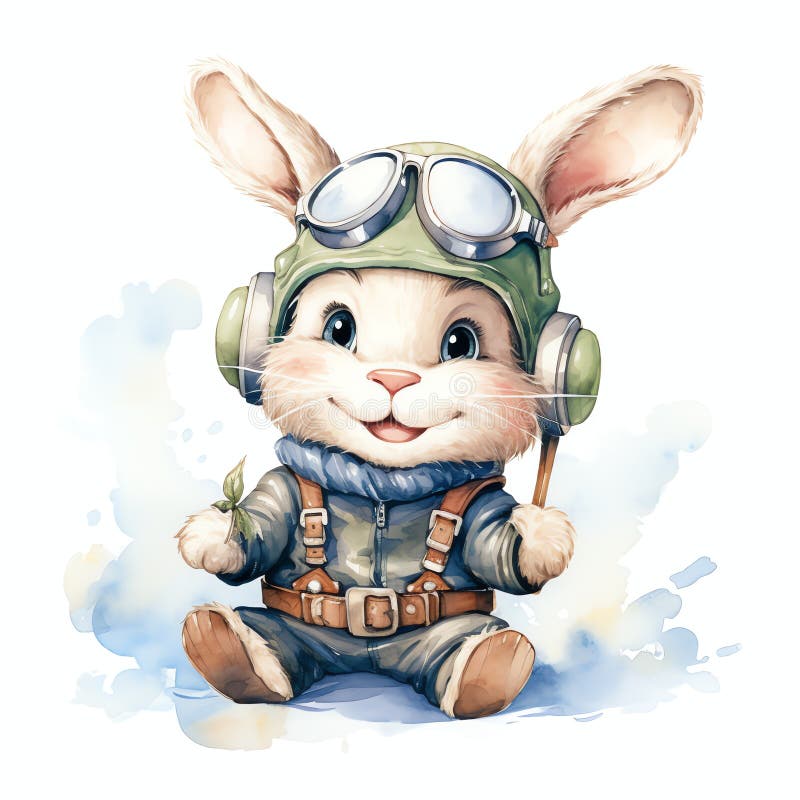 Cute Bunny with Pilot Plane Watercolor Illustration Stock Illustration ...