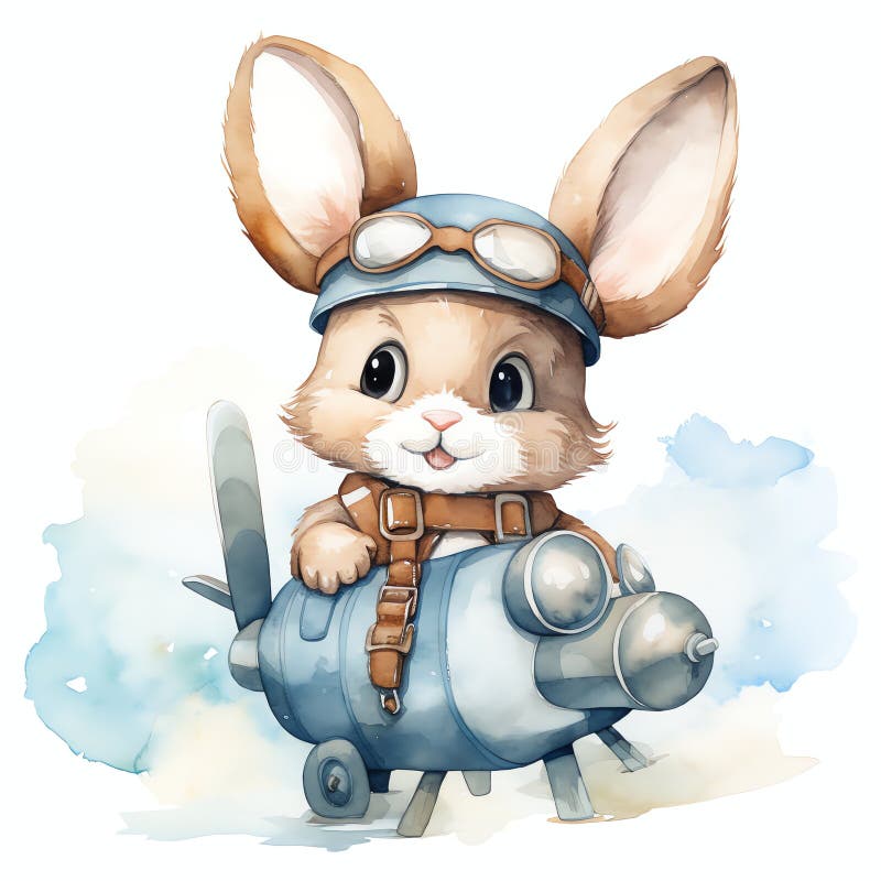 Cute Bunny with Pilot Plane Watercolor Illustration Stock Illustration ...