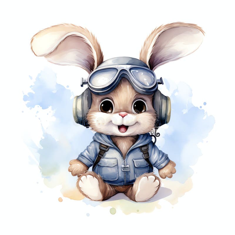 Cute Bunny with Pilot Wings Watercolor Illustration Stock Illustration ...