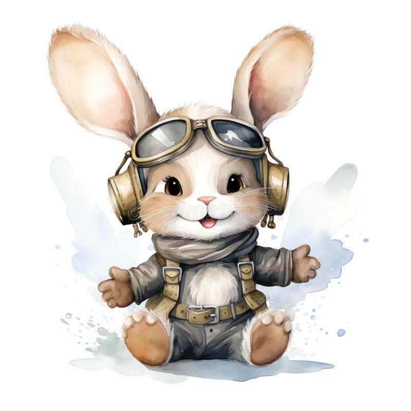 Cute Bunny with Pilot Wings Watercolor Illustration Stock Illustration ...