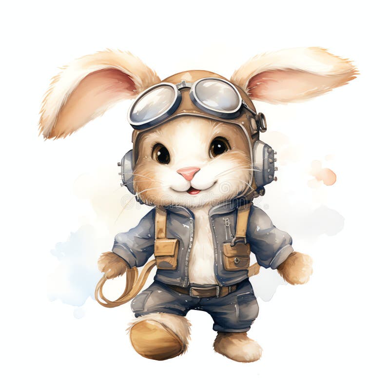Cute Bunny with Pilot Wings Watercolor Illustration Stock Illustration ...