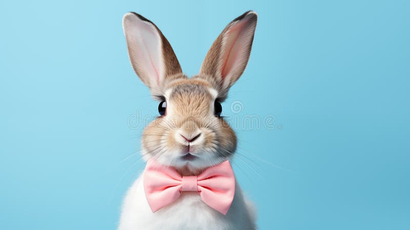 Cute Bunny with a Pink Bow on a Blue Background with Space for Text ...