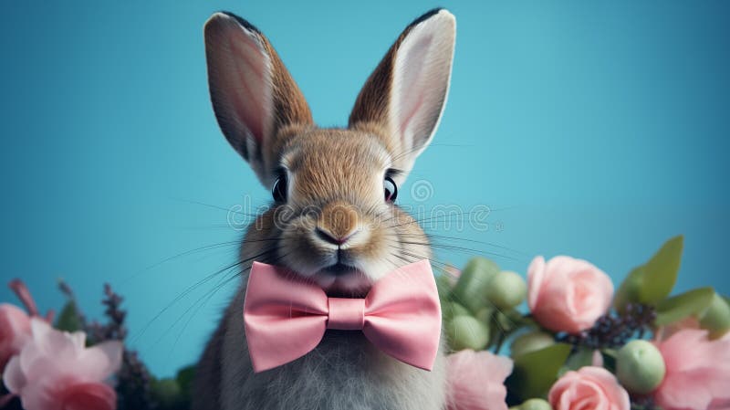 Cute Bunny with a Pink Bow on a Blue Background with Space for Text ...