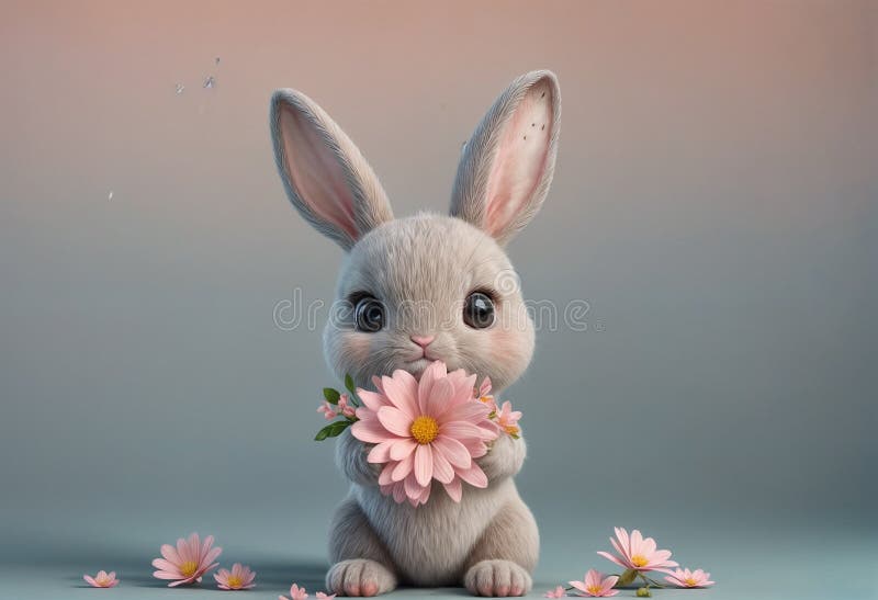 Cute Bunny with Pink Flowers, 3d Render-generated by Ai Stock ...