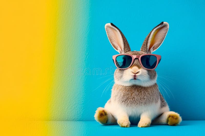 Cute Bunny in Pink Sunglasses Striking a Pose on a Vibrant Blue and ...
