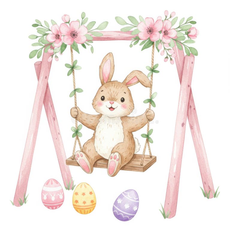 Cute Bunny on Pink Swing with Easter Eggs Stock Illustration ...