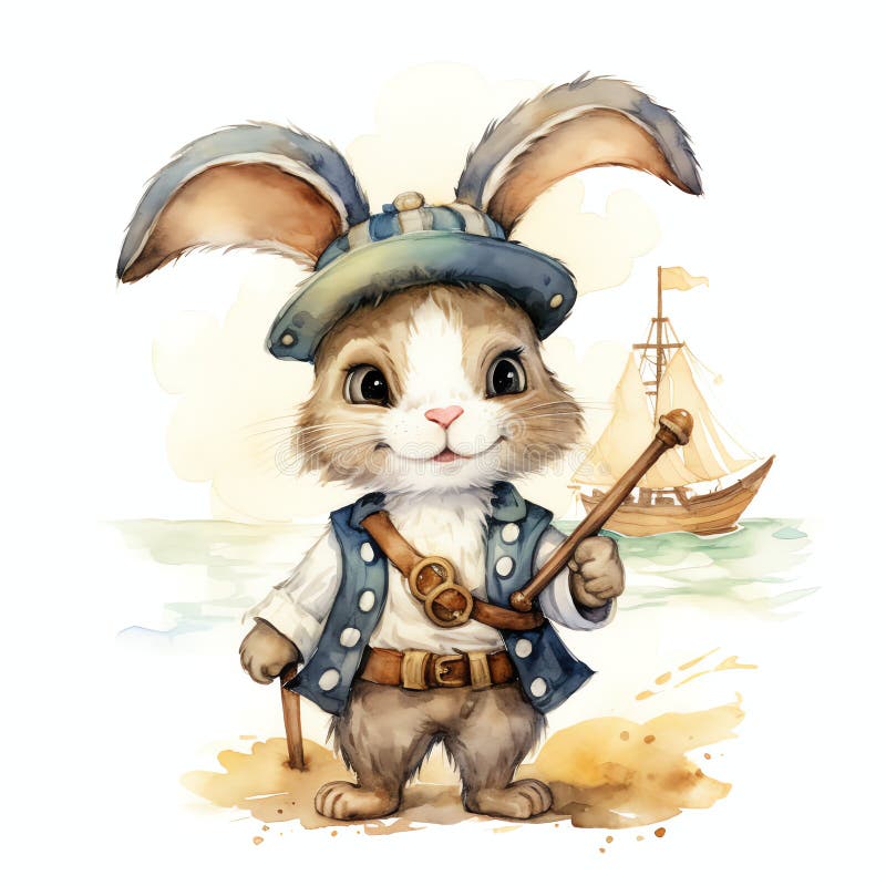 Cute Bunny with Pirate Cove Watercolor Illustration Stock Illustration ...