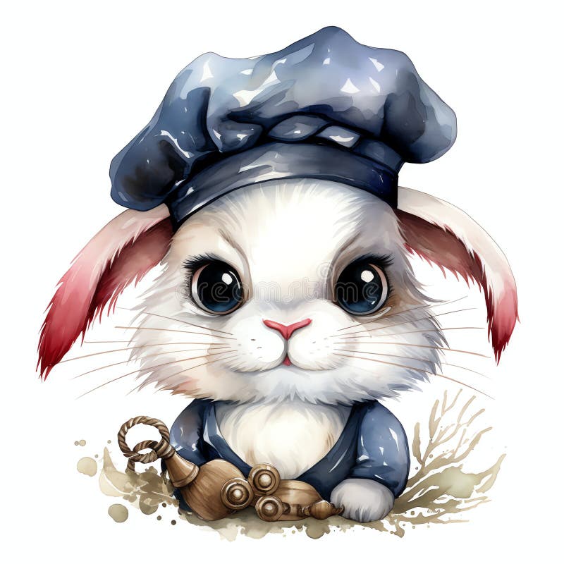 Cute Bunny with Pirate Eye Patch Watercolor Illustration Stock ...