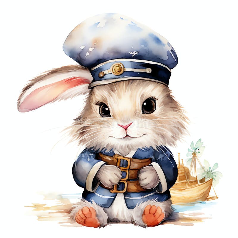Cute Bunny with Pirate Hat Watercolor Illustration Stock Illustration ...