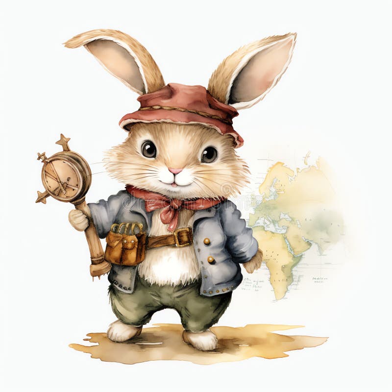 Cute Bunny with Pirate Map Watercolor Illustration Stock Illustration ...